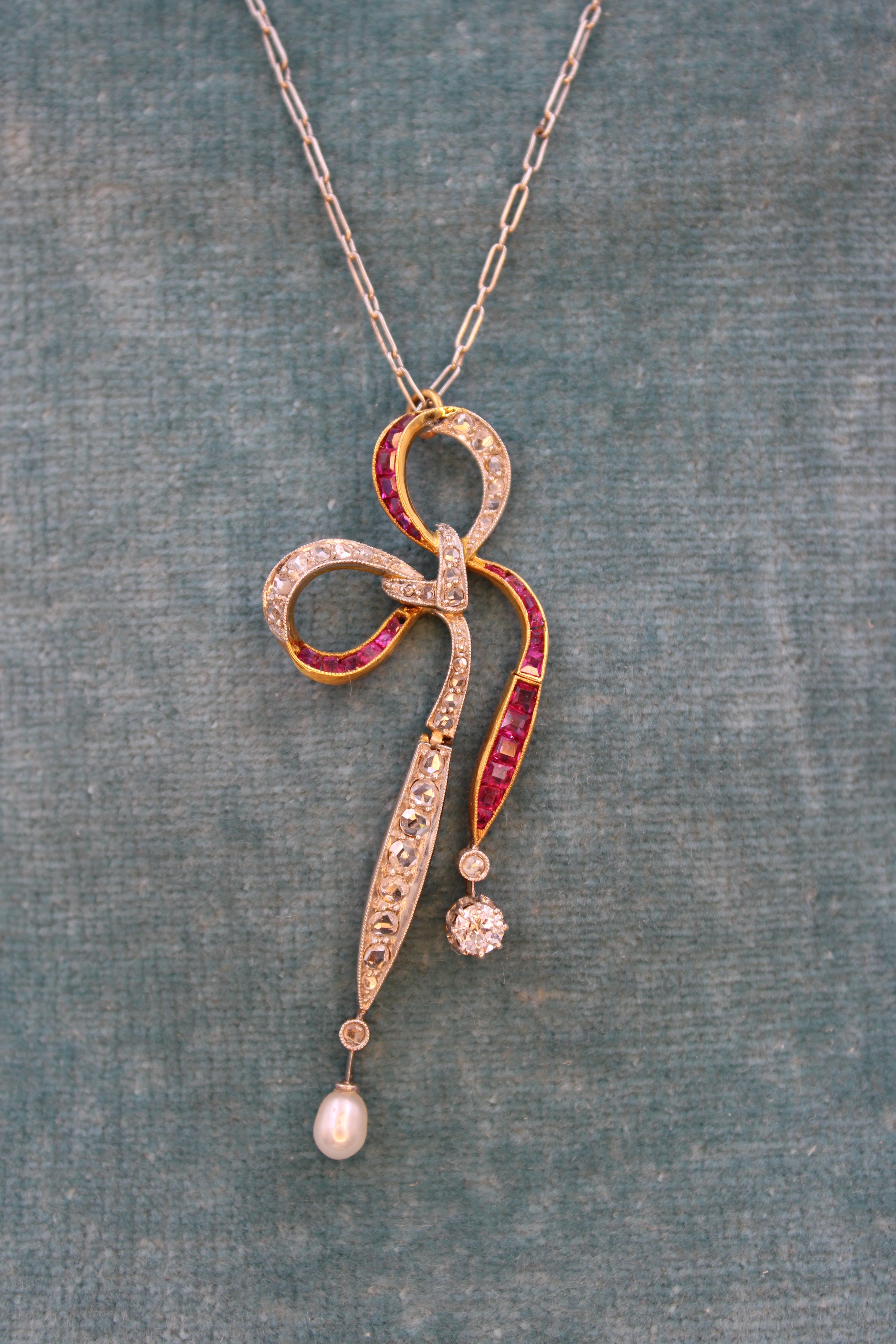 Antique Diamond, Ruby & Pearl Bow Pendant set in 18ct Yellow Gold and ...